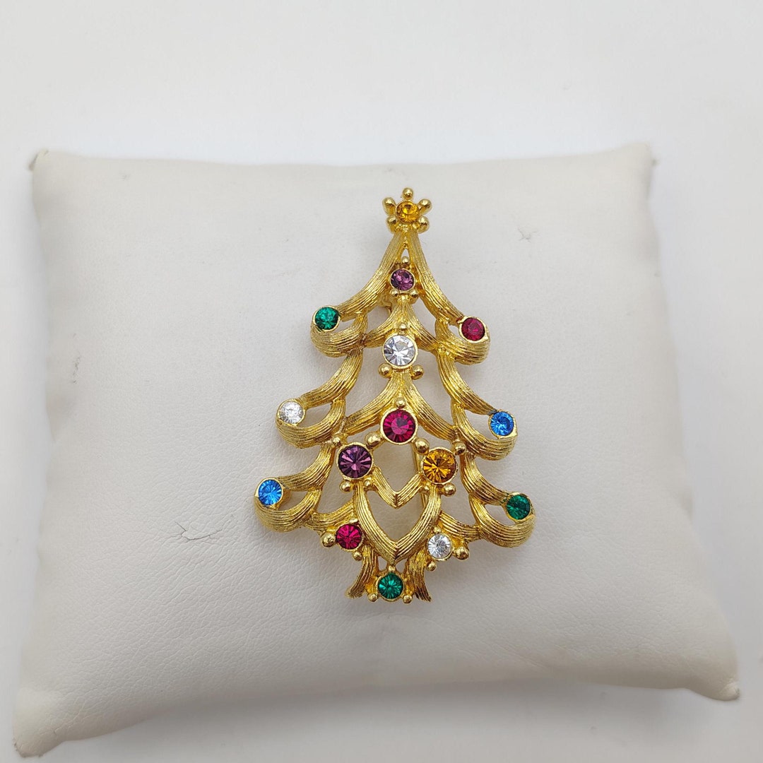 Monet Christmas Tree Brooch – Gold Tone Rhinestone Holiday Pin - Etsy