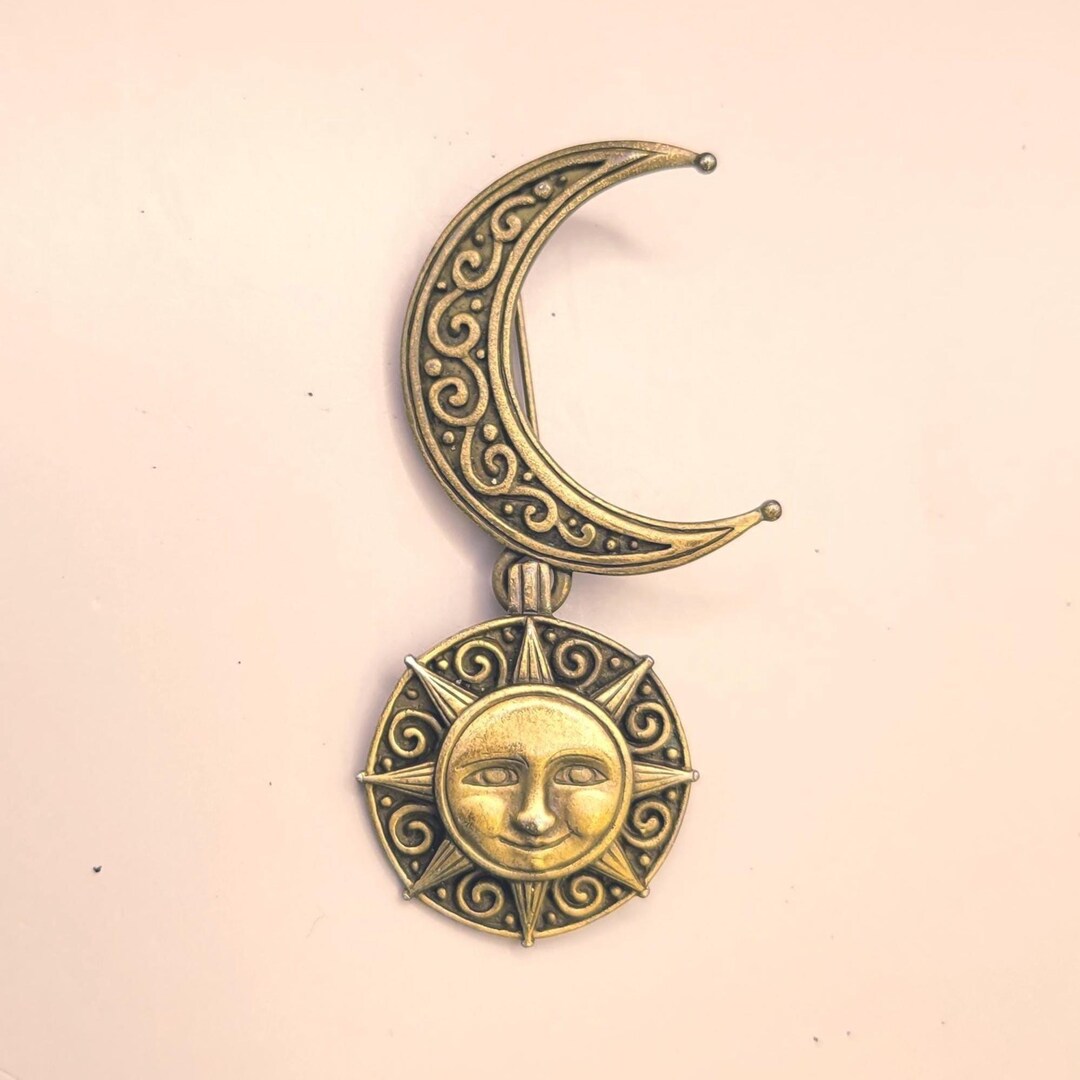JJ Sun and Moon Celestial Dangle Pin- Jonette Jewelry Pin- Vintage JJ ...