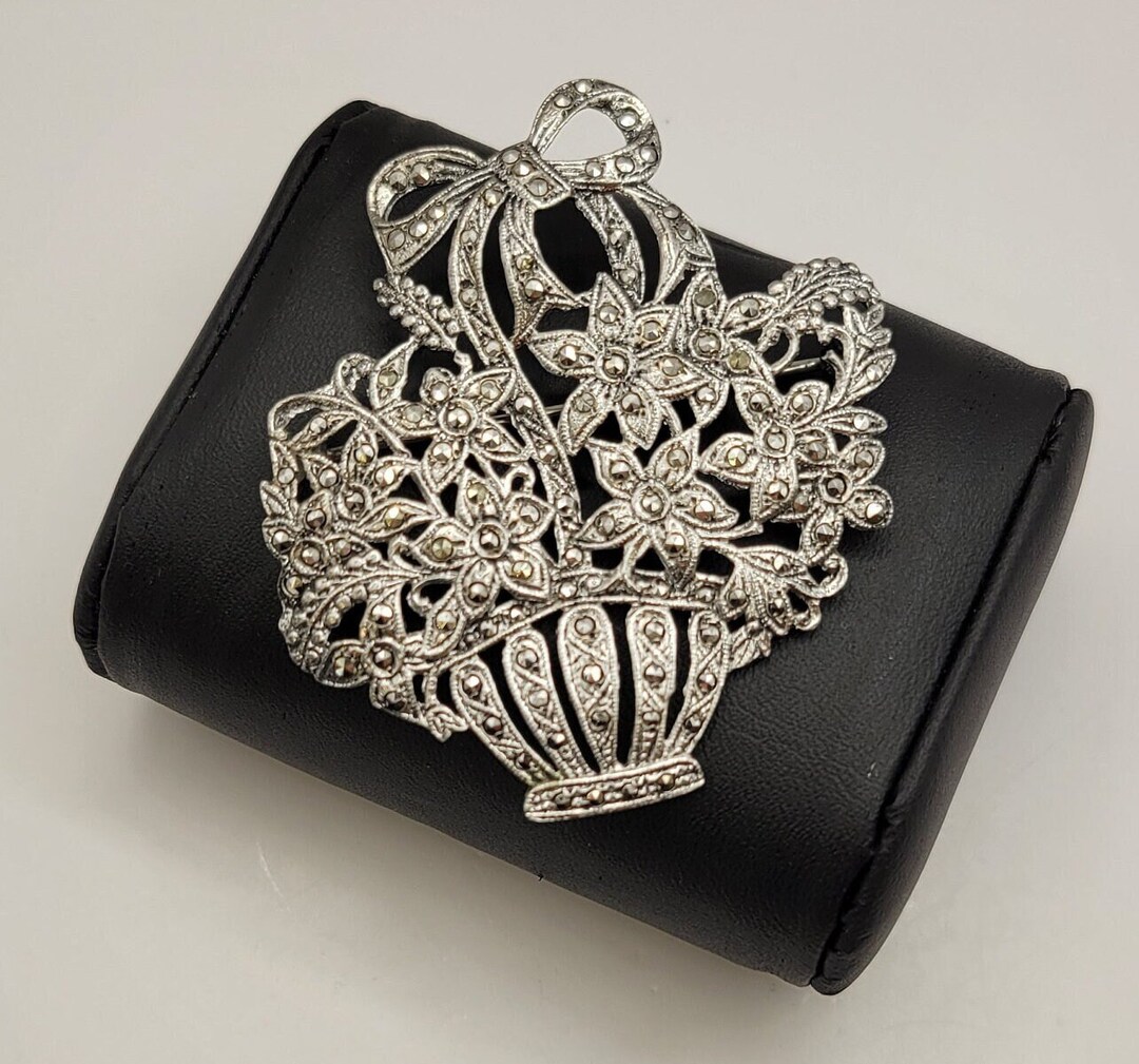 Antique Sterling Silver Flower Basket Pin - Silver and Marcasite ...