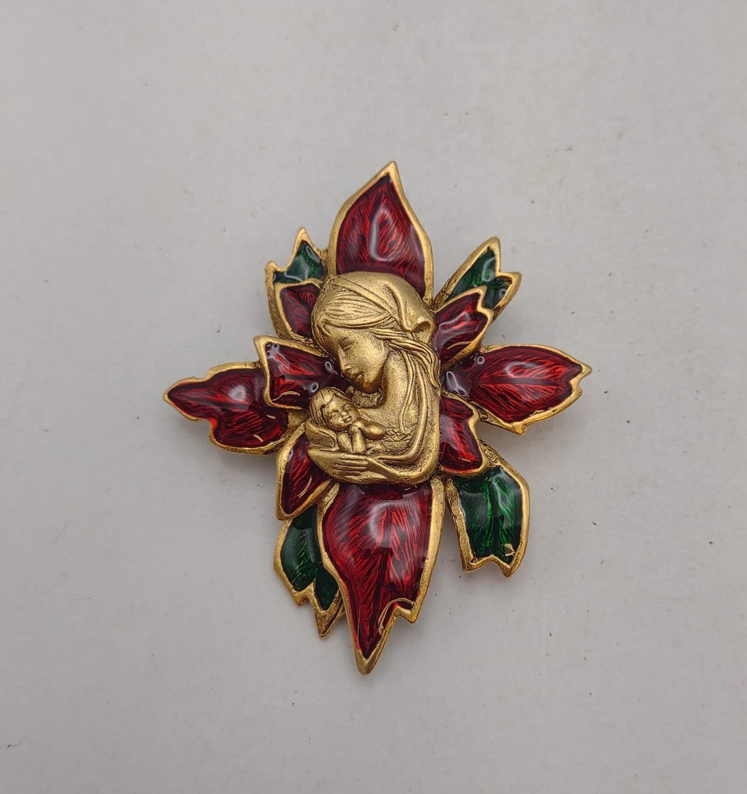 Vintage Enameled Madonna and Child Pin- Religious Jewelry- Mother Mary ...