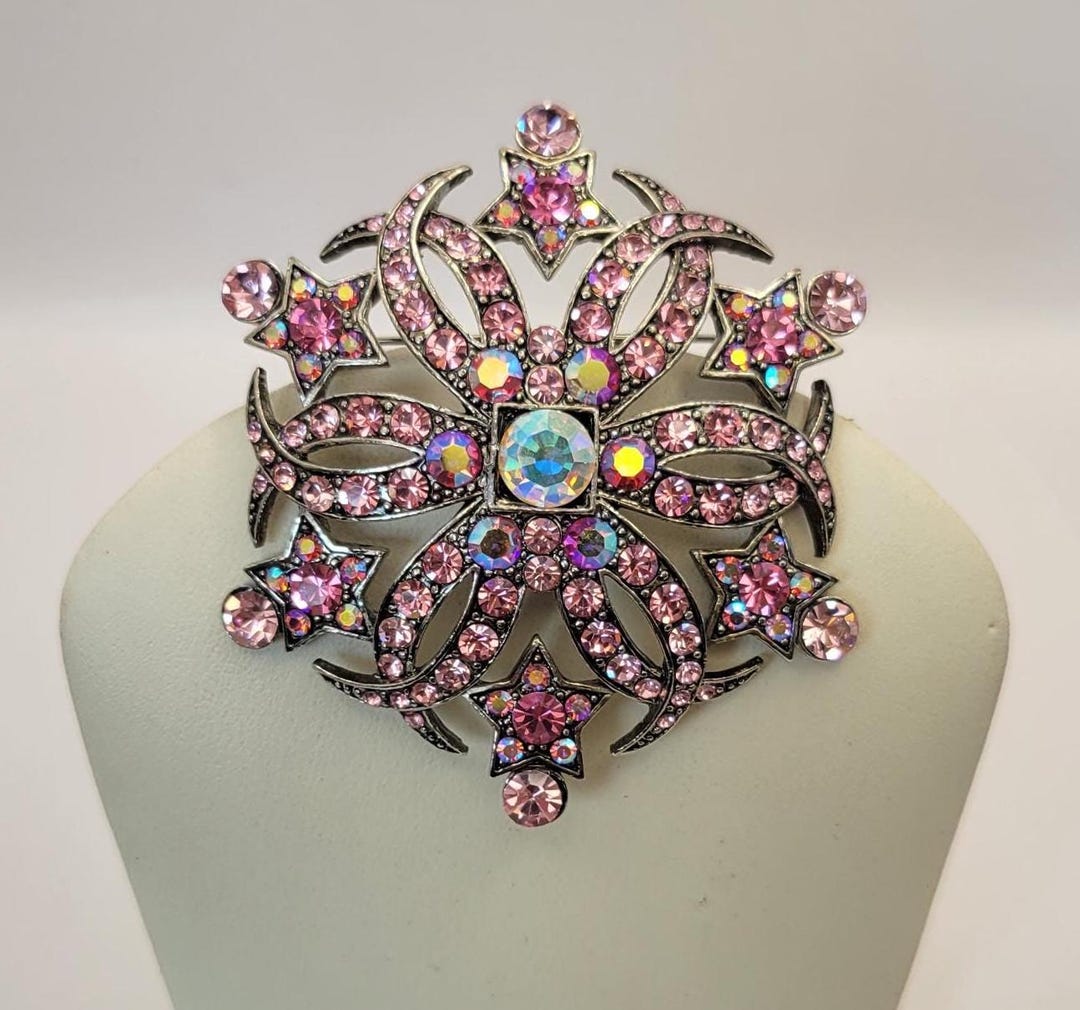 Pink and Iridescent Rhinestone Starburst Brooch Sparkling Rhinestone ...