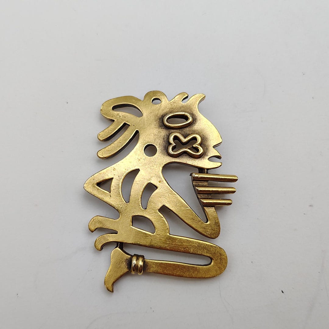 Crown Trifari Aztec Style Tribal Design Abstract Gold Matte Tone ...
