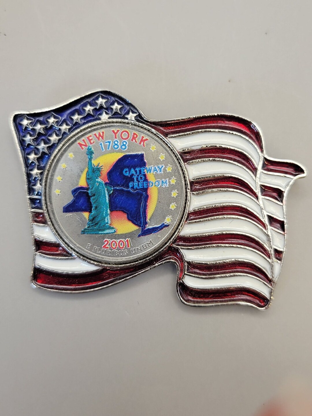 New York State Quarter American Flag Pin Collectable NYC Quarter Brooch ...
