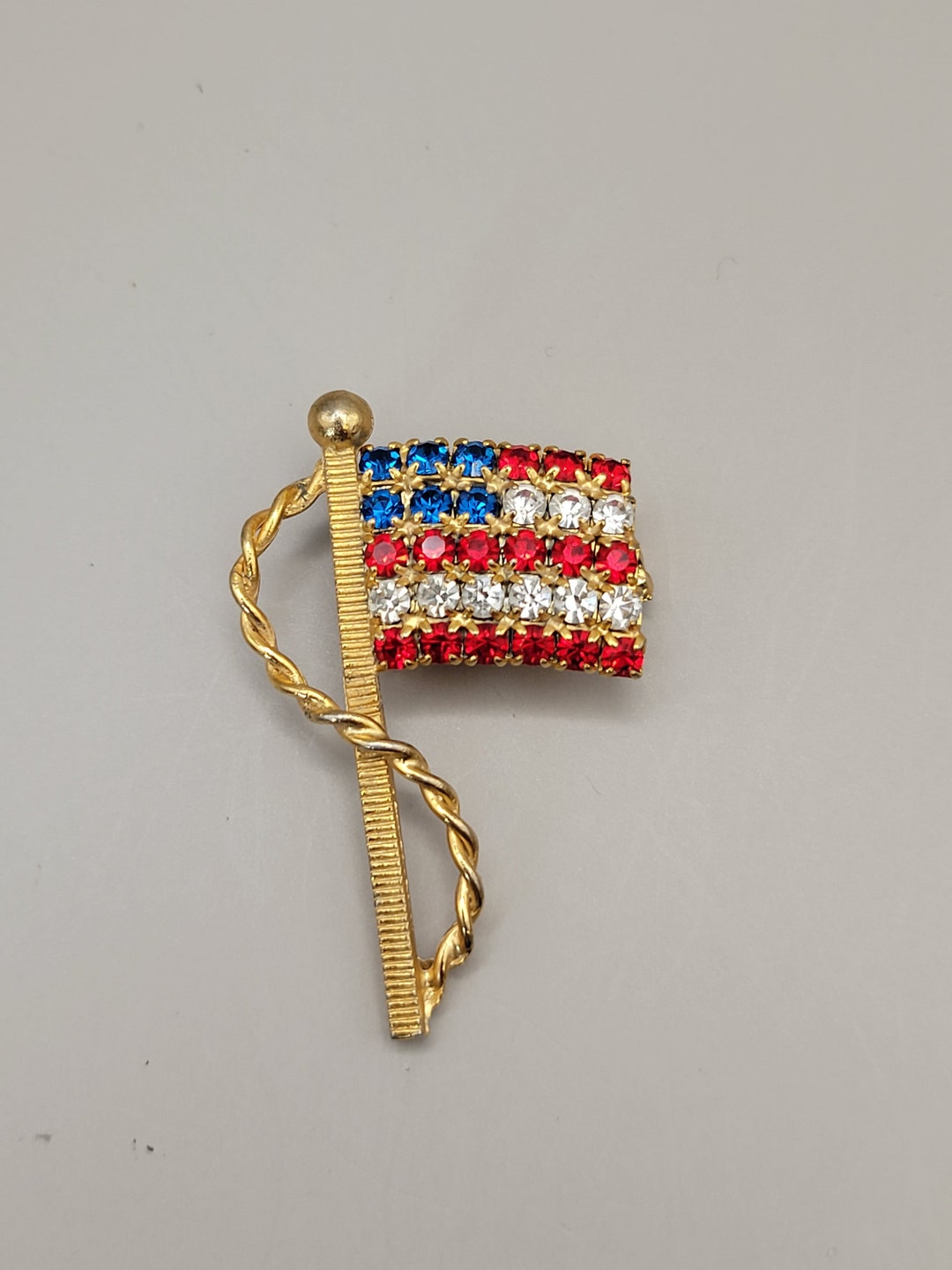 Rhinestone American Flag Pin- Vintage Prong Set Red White and Blue ...