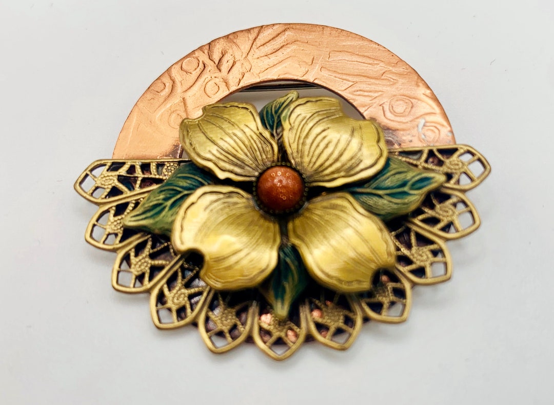 Vintage Floral Wreath Pin, Mixed Metal Floral Pin, Goldstone Pin, Gift ...