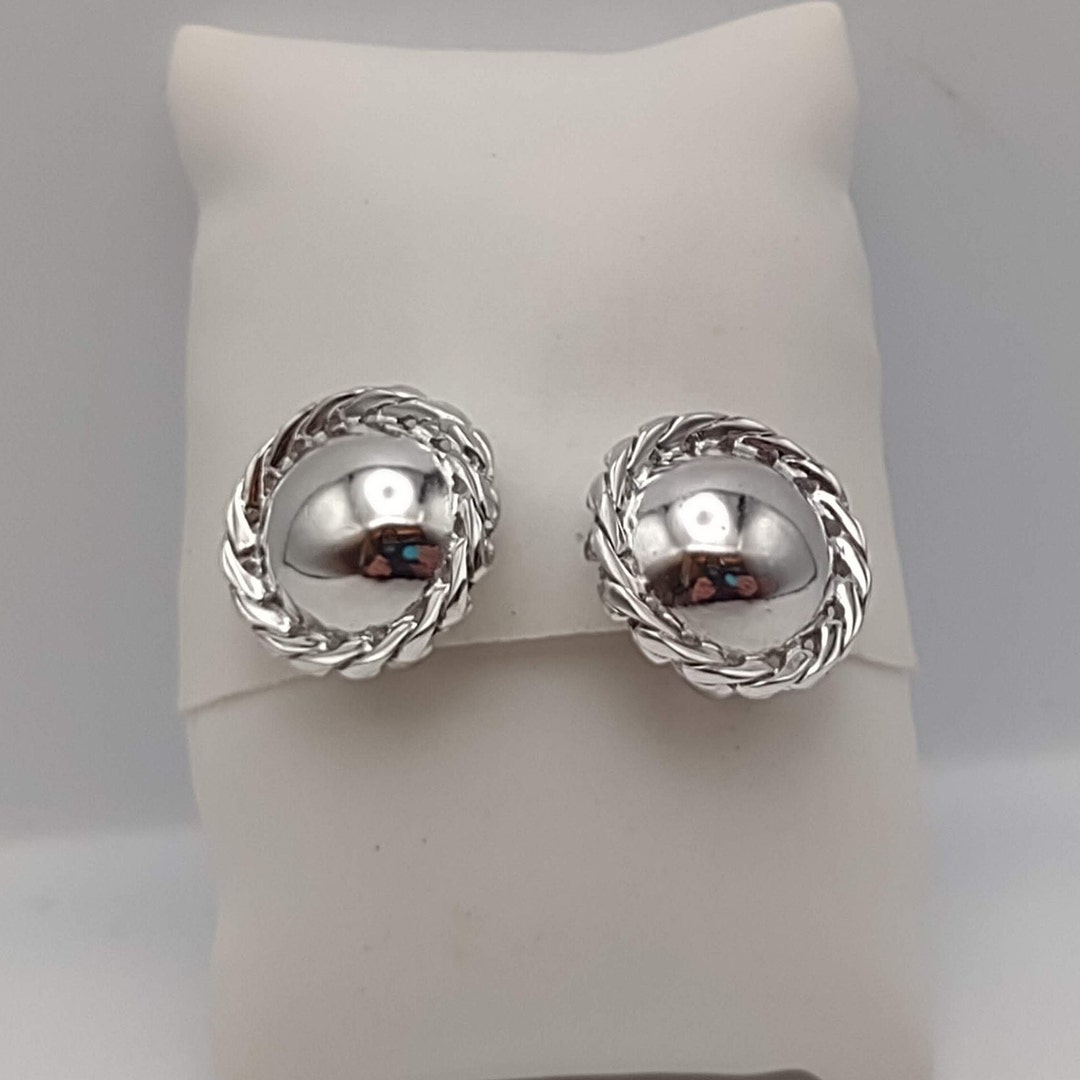 Vintage Crown Trifari Silver Plated Clip on Earrings - Geometric Dome ...