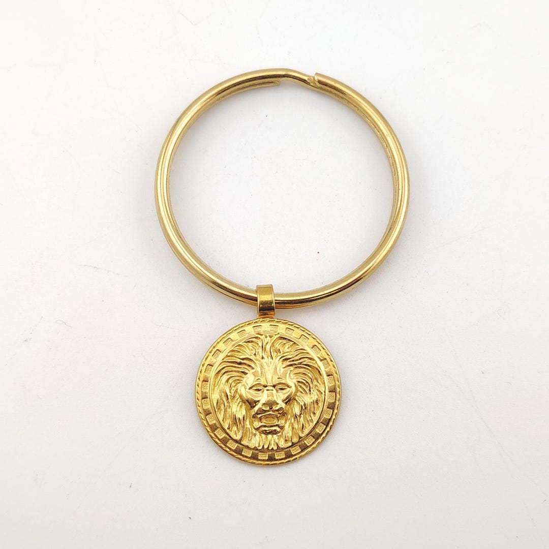 Vintage Gold Tone Lions Head Keychain Large Hoop Dangle Charm Door ...