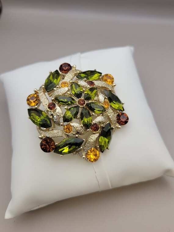 Olive Green and Golden Yellow Rhinestone Pin and Earr… - Gem