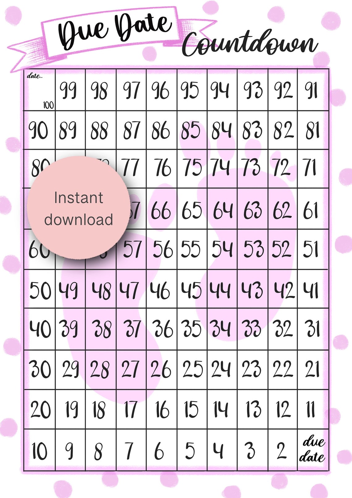 Downloadable Pink Baby 100 Day Due Date Countdown Poster | Baby Girl ...