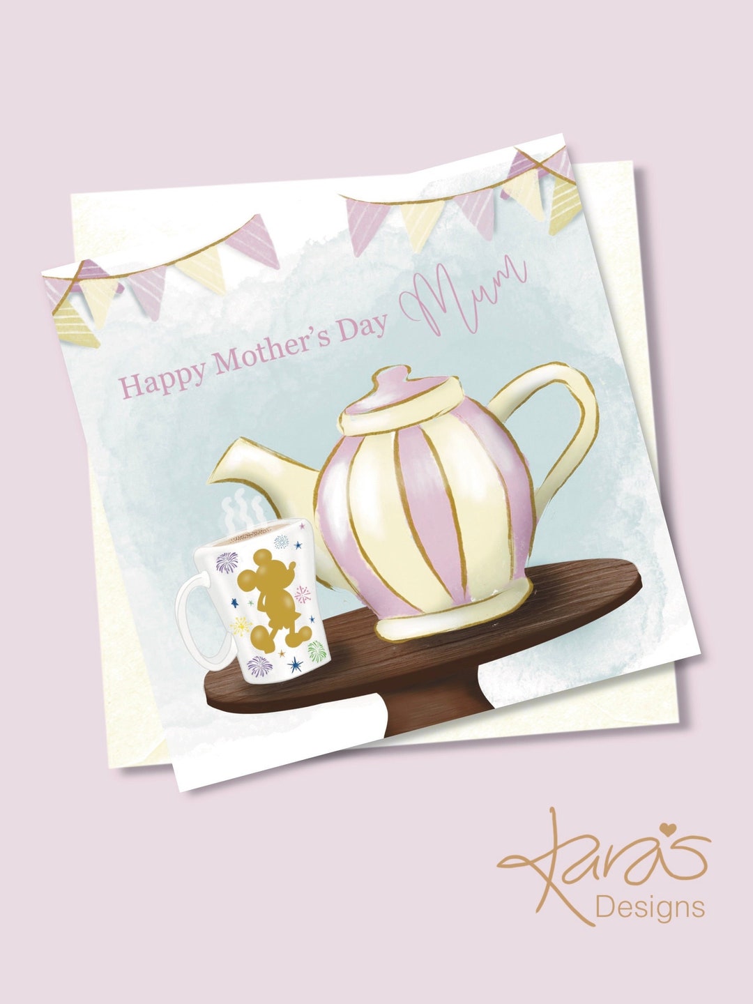 Personalised Tea Party Happy Birthday Card. Tea Pot, Mickey Mug Bunting ...