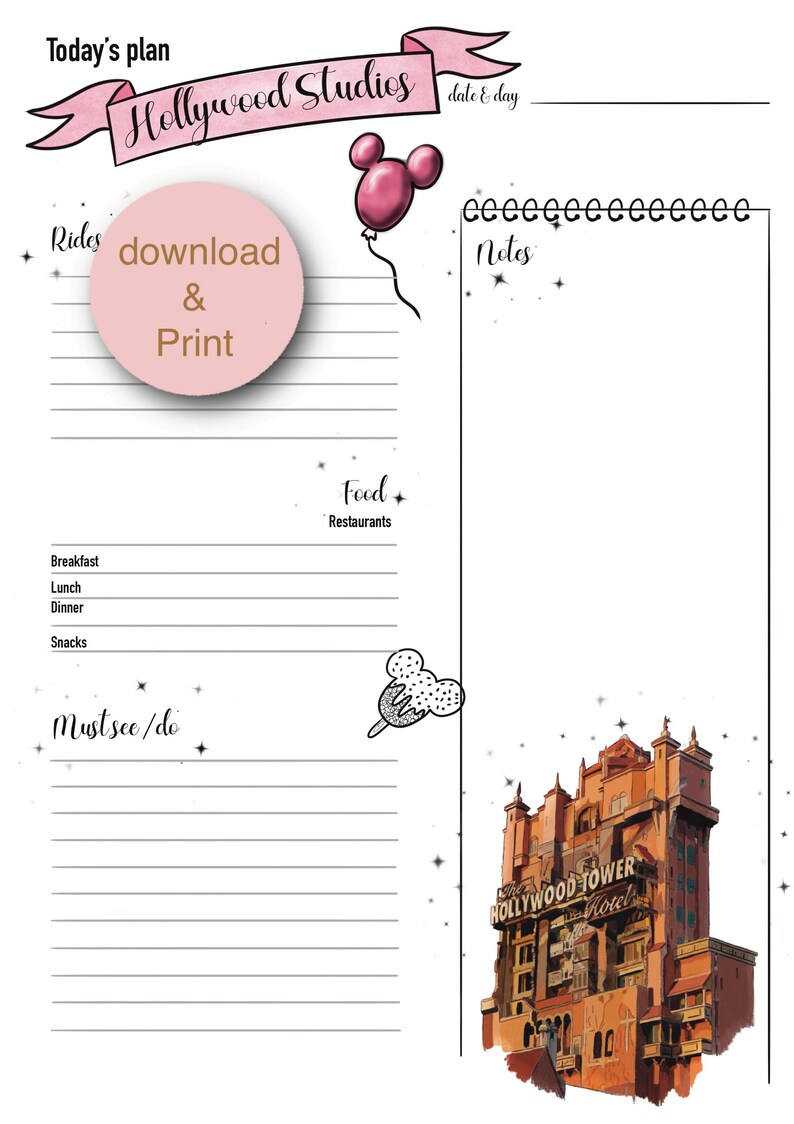Theme Park Vacation Planner: Daily Itinerary Sheets (PDF Download A4/A5 ...
