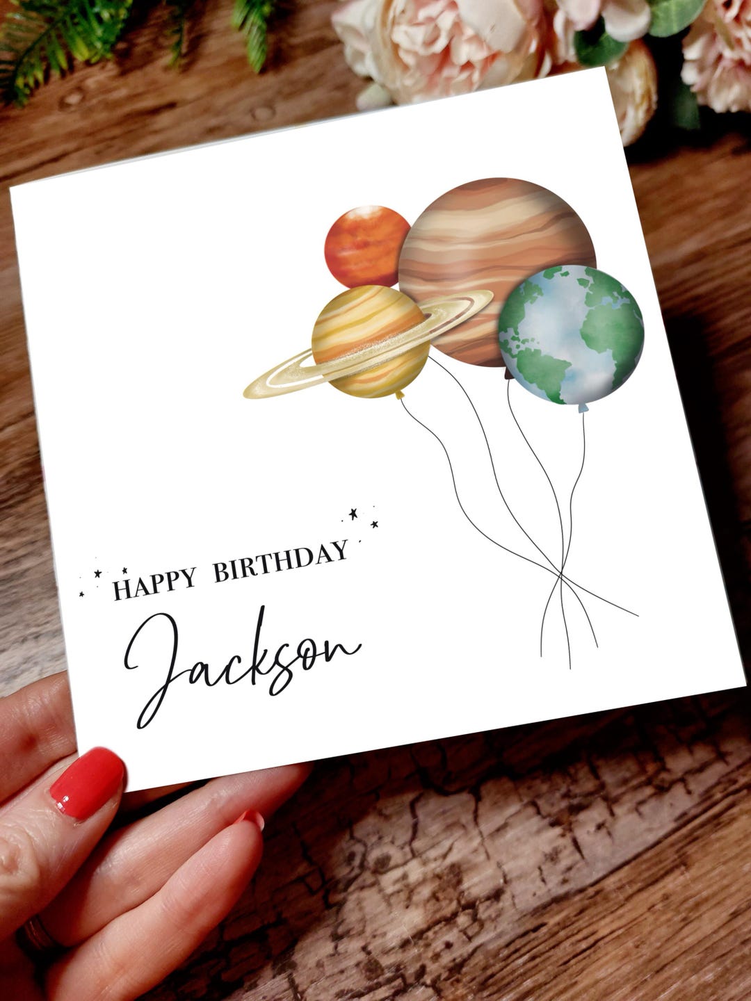Space Themed Birthday Card. Planet Balloons, Personalised Name and Age ...