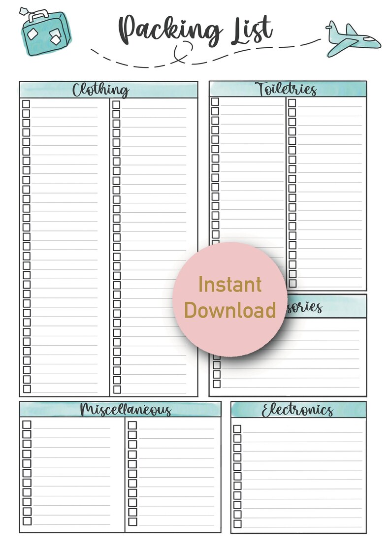 Printable Holiday Packing List, Vacation Planner, Travel Checklist ...
