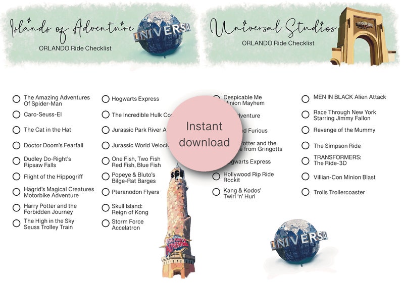 Universal Orlando Ride Checklist: Vacation Planning (digital Download ...