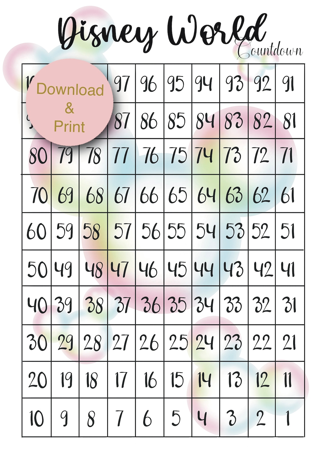 Orlando Vacation Countdown Printable: Mickey Bubbles Design (PDF & JPEG ...
