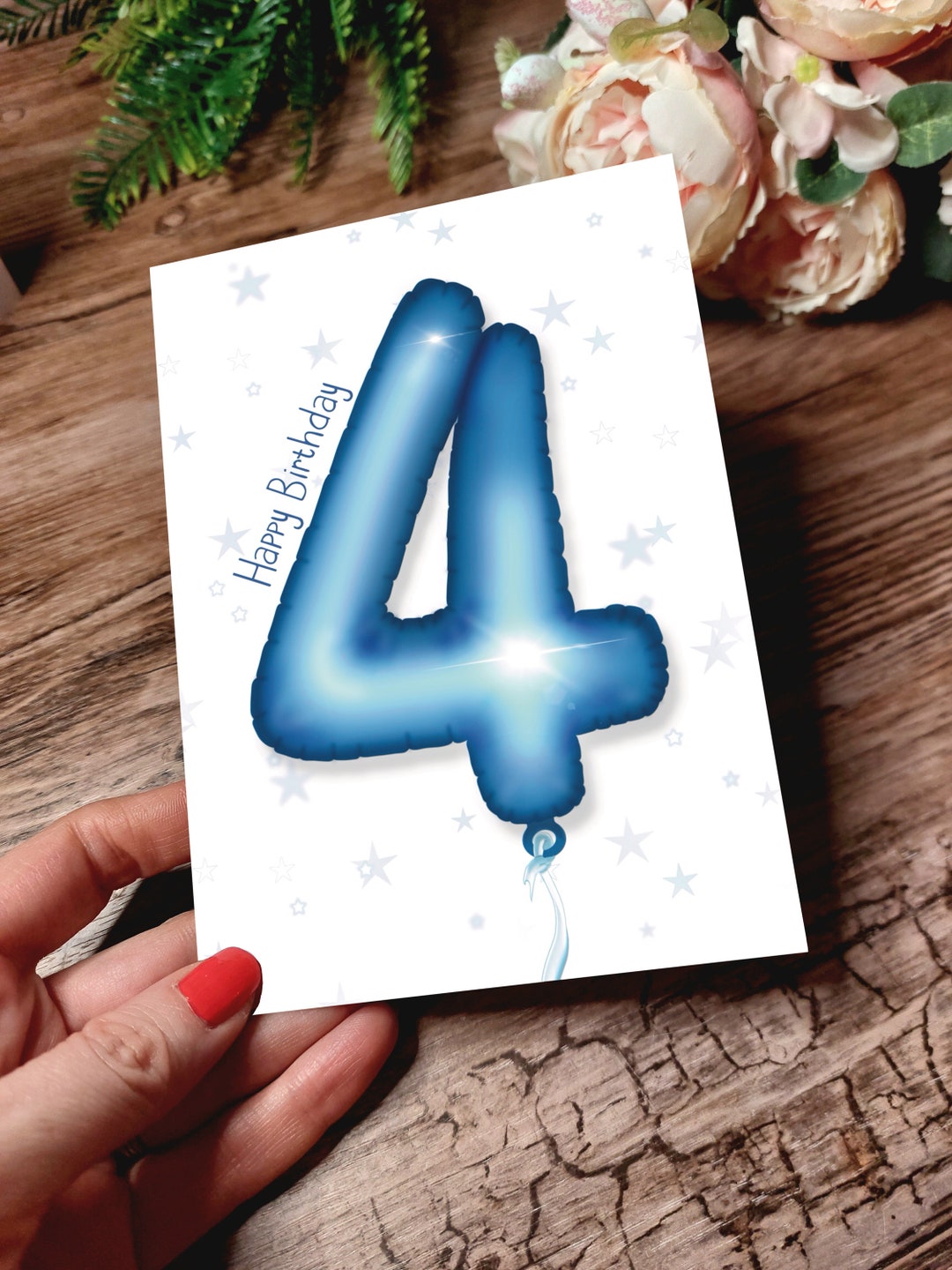 Personalised 4th Birthday Card, Number 4 Balloon Design, Boys Girls ...