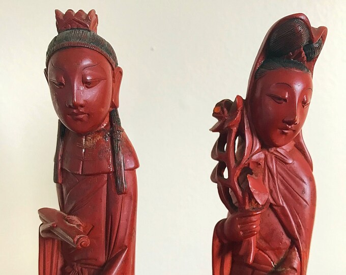 Vintage Bakelite Carved Chinese Figurines Wooden Base Signed China on ...