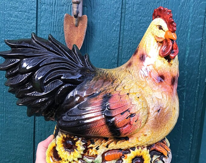 Vintage Pottery Rooster With Sunflower Base Farmhouse Kitchen Rustic ...