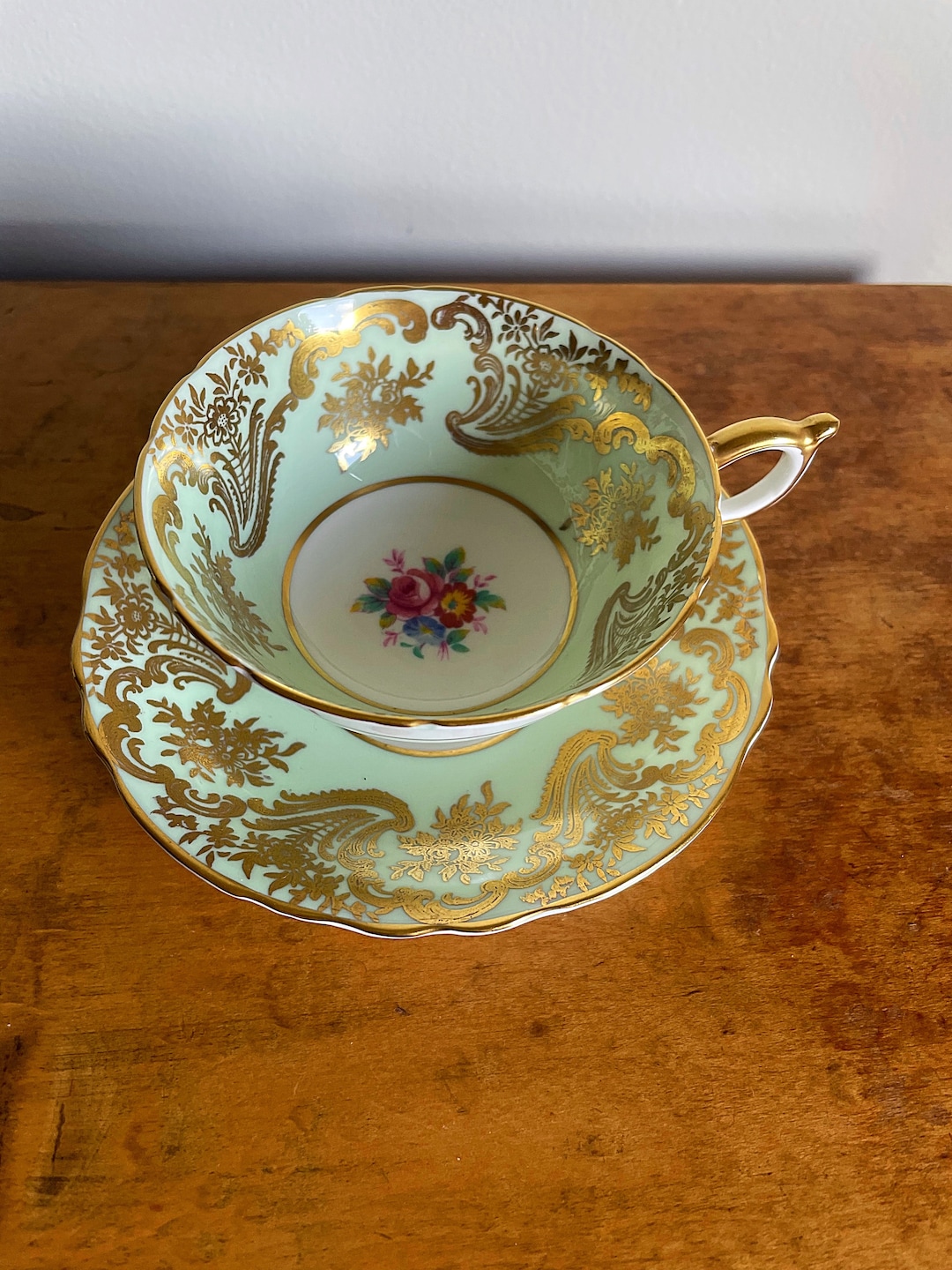 Vintage Paragon Tea Cup & Saucer Mint Green and Gold Floral Center ...