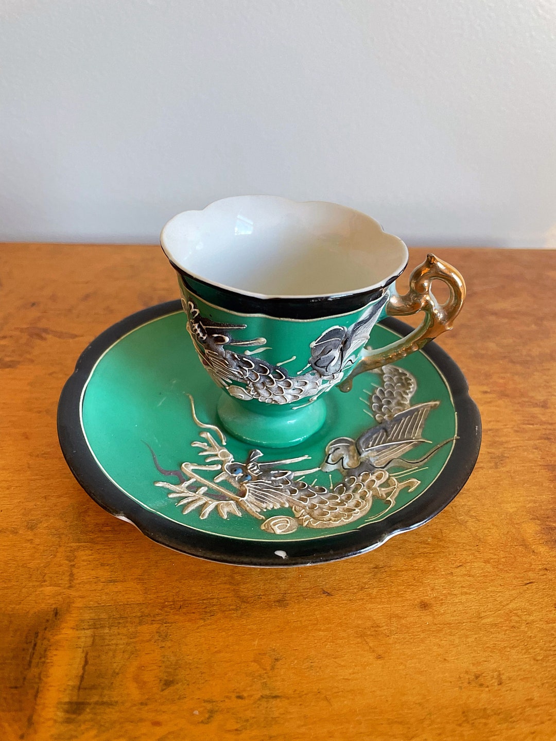 Vintage Shafford Dragon Tea Cup & Saucer Bone China Raised Moriage Teal ...