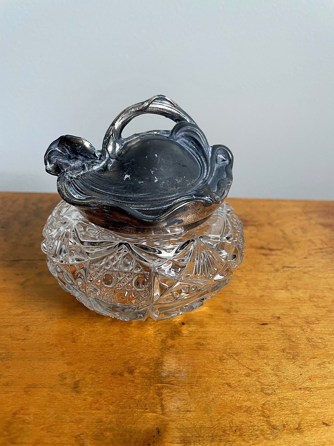 Antique Fostoria Glass Hair Receiver Jar With Pewter Lid 1900's Dresser ...