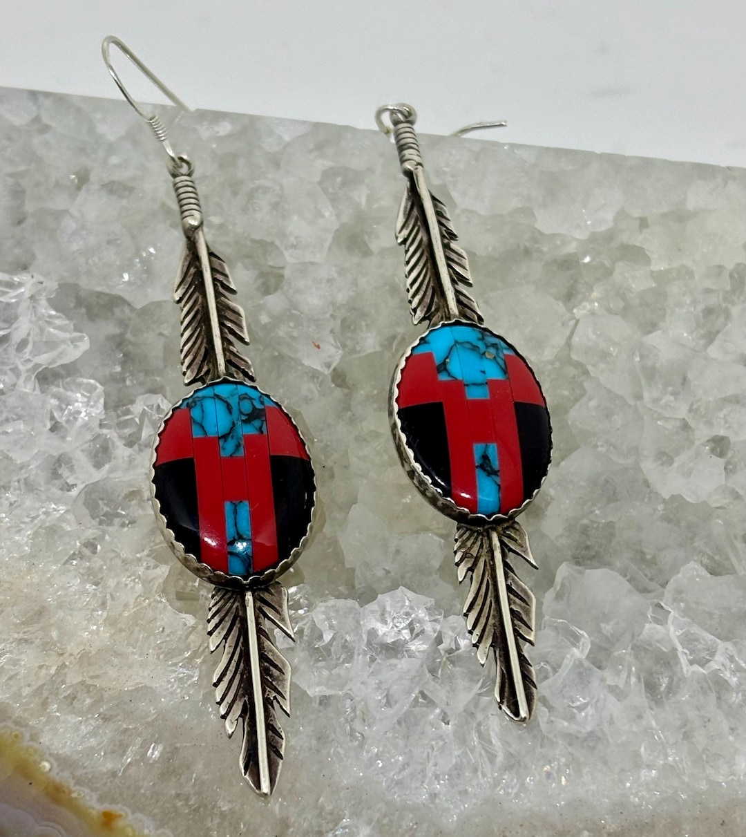 Vintage Zuni Sterling Silver Feather Earrings: Turquoise, Coral & Onyx ...