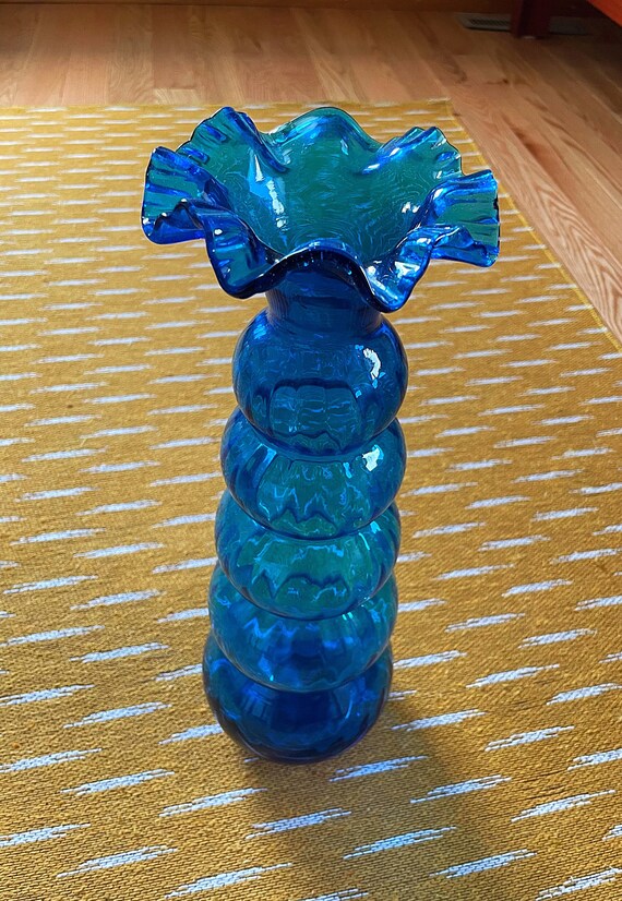 Vintage MCM Blue Glass Vase Tall Blue Vase Five Tier With - Etsy