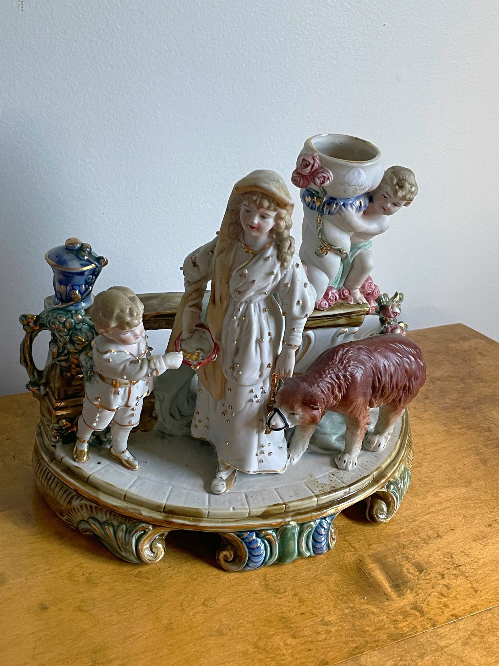 Antique Heubach Bisque Figural Vase - Boy, Woman, Cherub, Bear | German ...