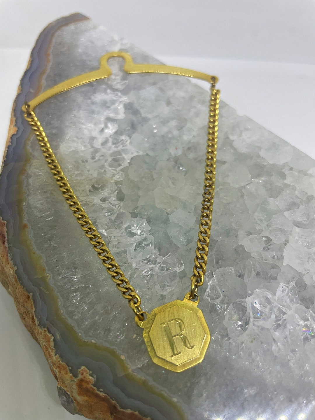 Vintage Tie Chain Gold Tone Textured Finish Letter Initial r Tie Chain ...