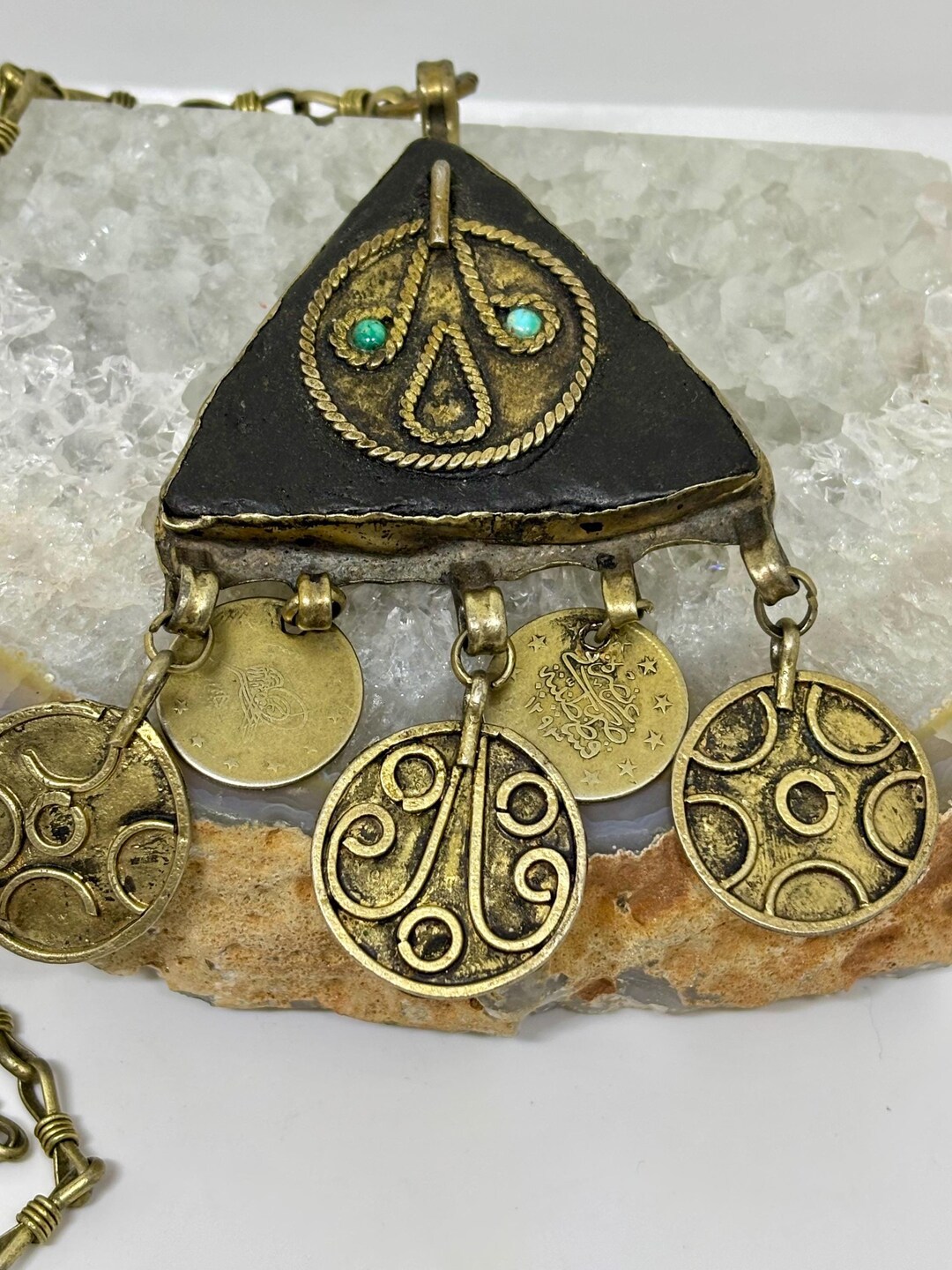 Antique Islamic Triangular Amulet Pendant With Black Stone, Arabic ...