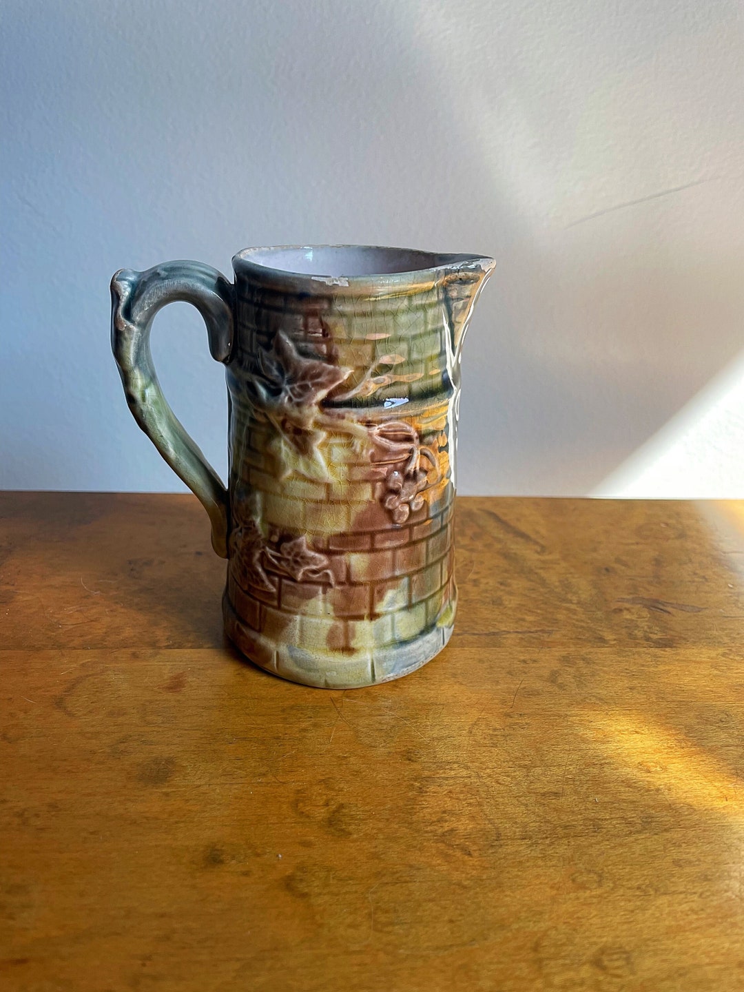 Antique Majolica Pitcher Ivy on Brick 1890's Design Light Pink Interior ...