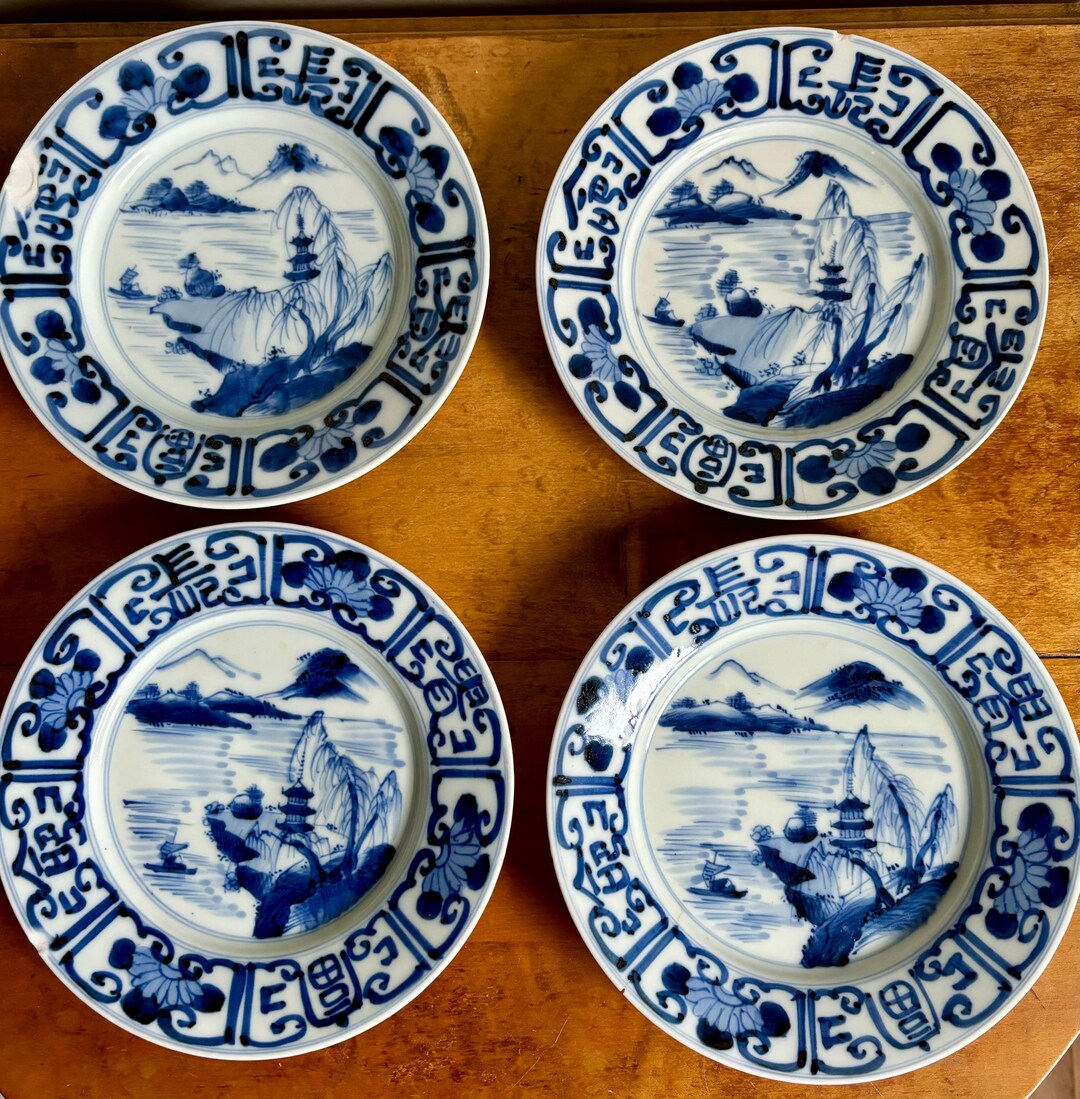 Antique Chinese Canton Blue & White Porcelain Plates Set of 4 Qianlong ...