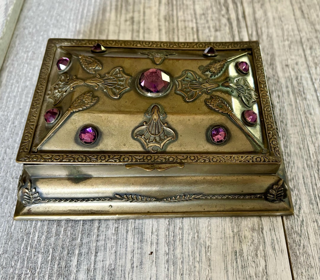 Antique La Tausca Jeweled Box With Amethyst Glass Stones and Brass ...