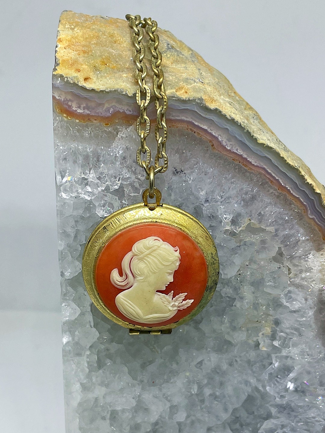 Vintage Cameo Locket Pendant With Gold Chain, Victorian Style, Mid ...