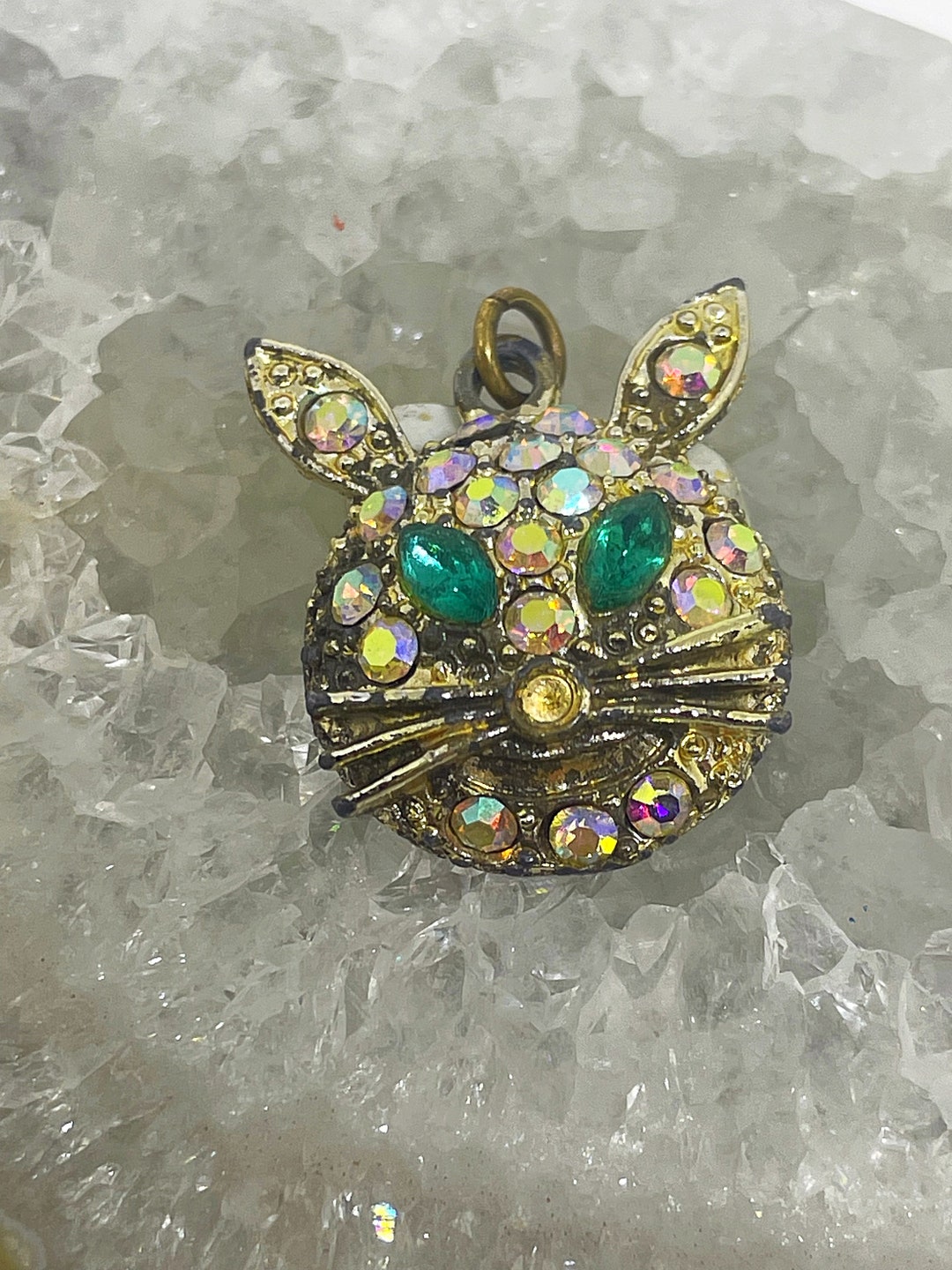 Vintage Rhinestone Cat Face Pendant or Charm Mid-century Rhinestone ...