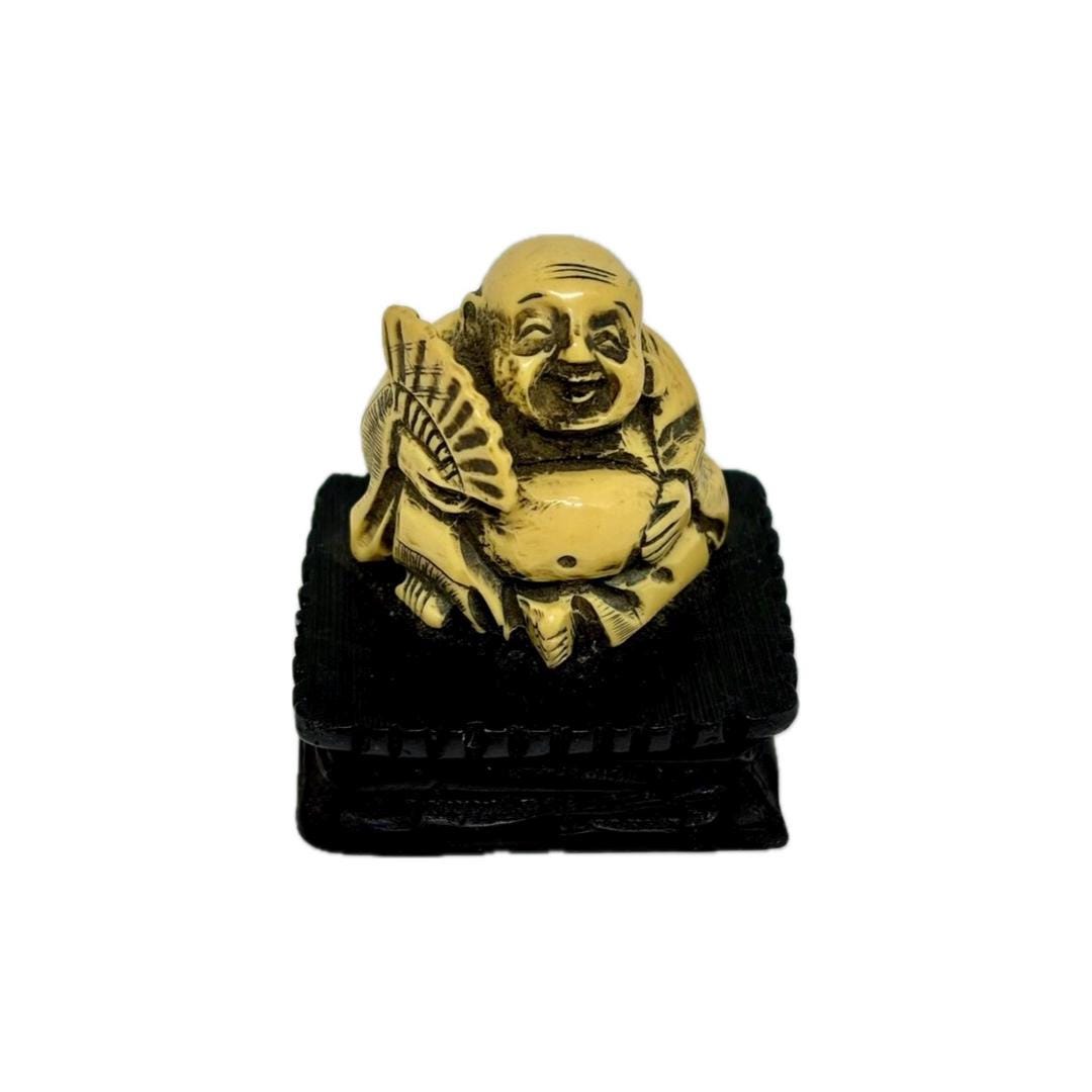 Vintage Hand-carved Resin Buddha Statue With Fan on Ebony Base - Made ...