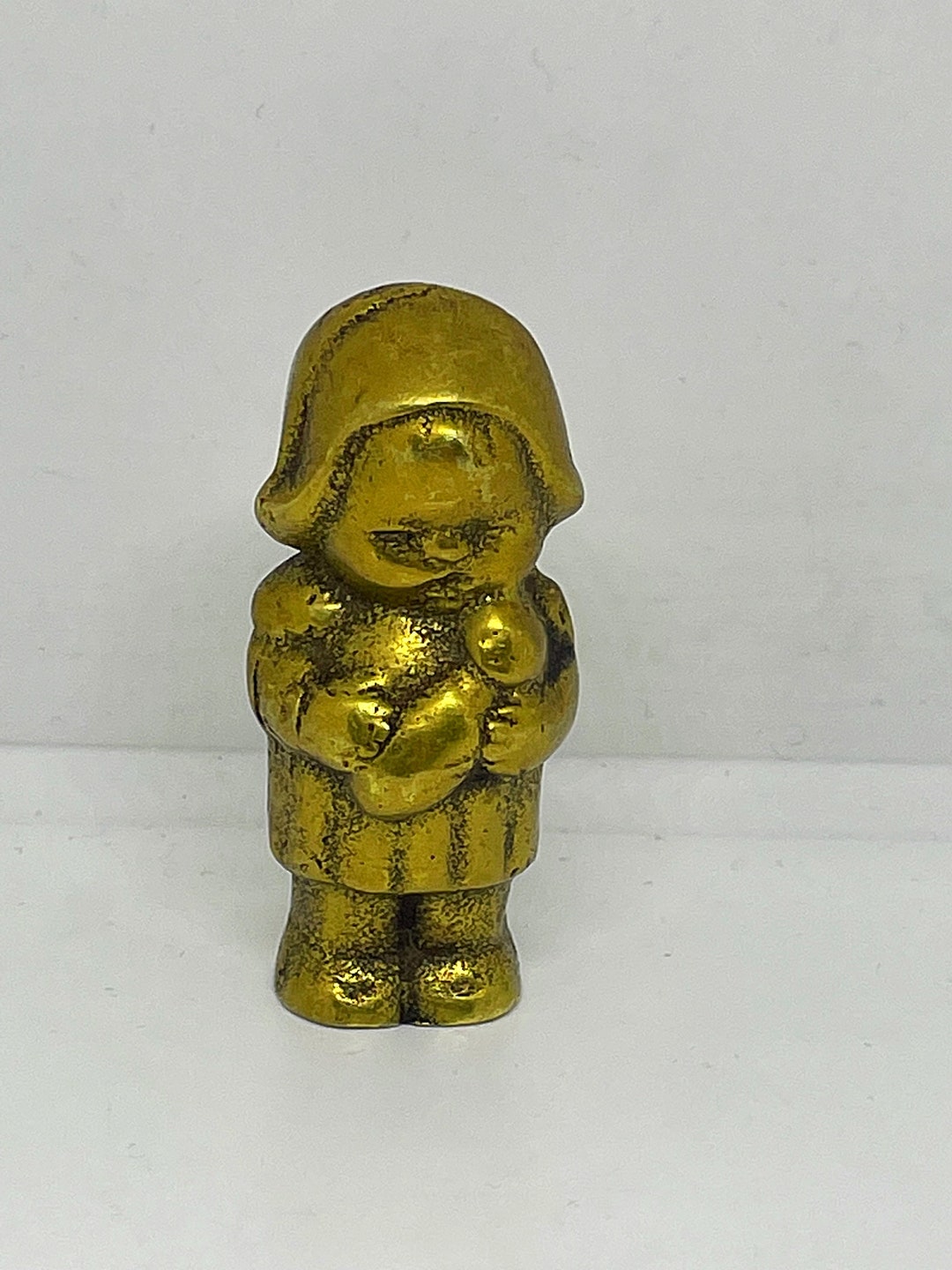 Vintage Small Solid Brass Figurine Girl in Bonnet Holding Baby Doll ...