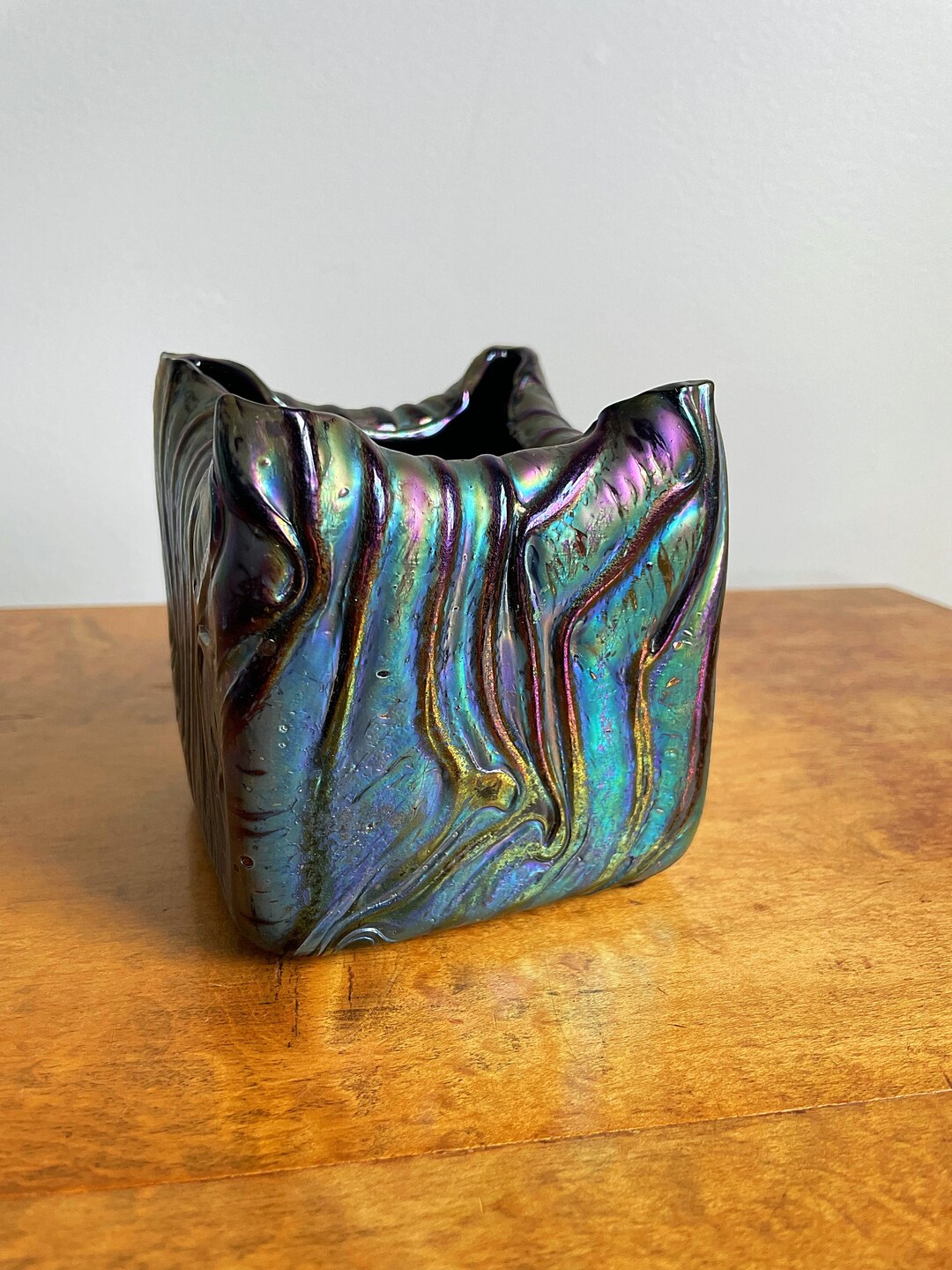 Vintage Art Glass Iridescent Cube Vase Kralik Art Glass Vase Bohemain ...