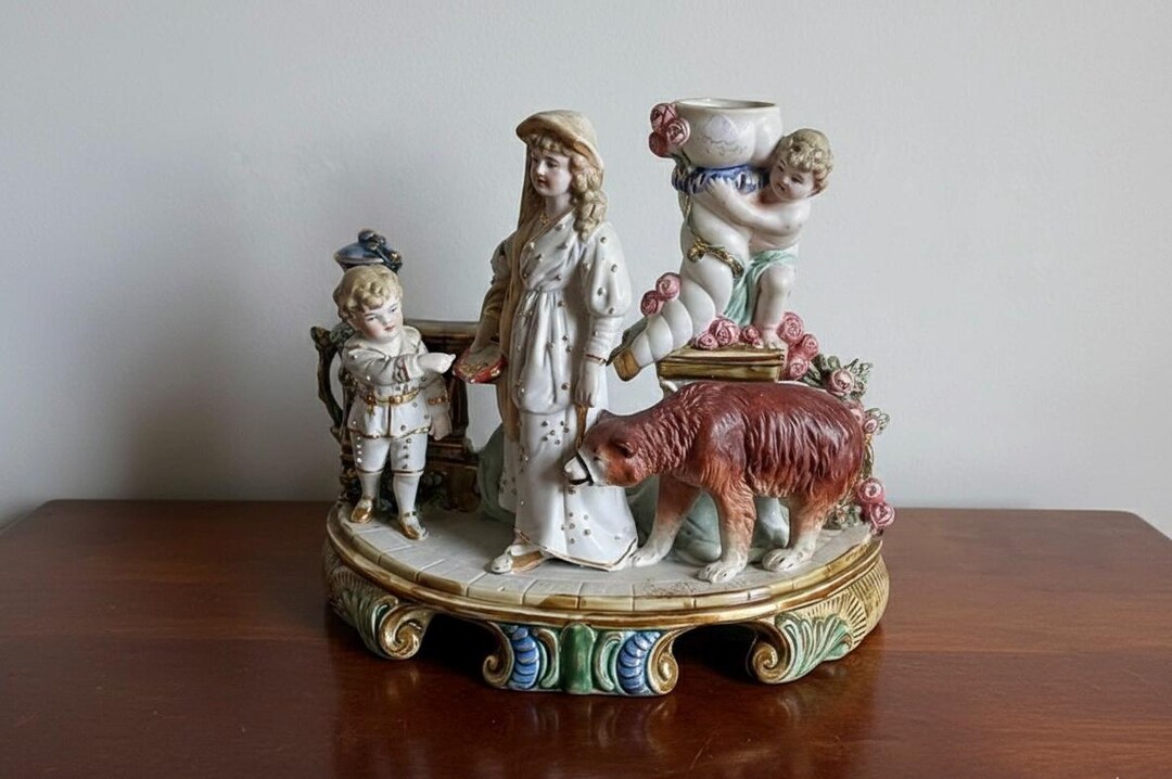 Antique Heubach Bisque Figural Vase - Boy, Woman, Cherub, Bear | German ...
