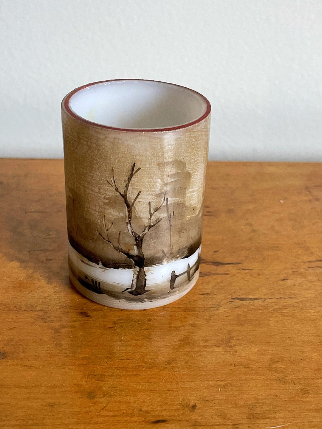 Vintage Hand-painted Art Glass Toothpick Holder Winter Scene French ...