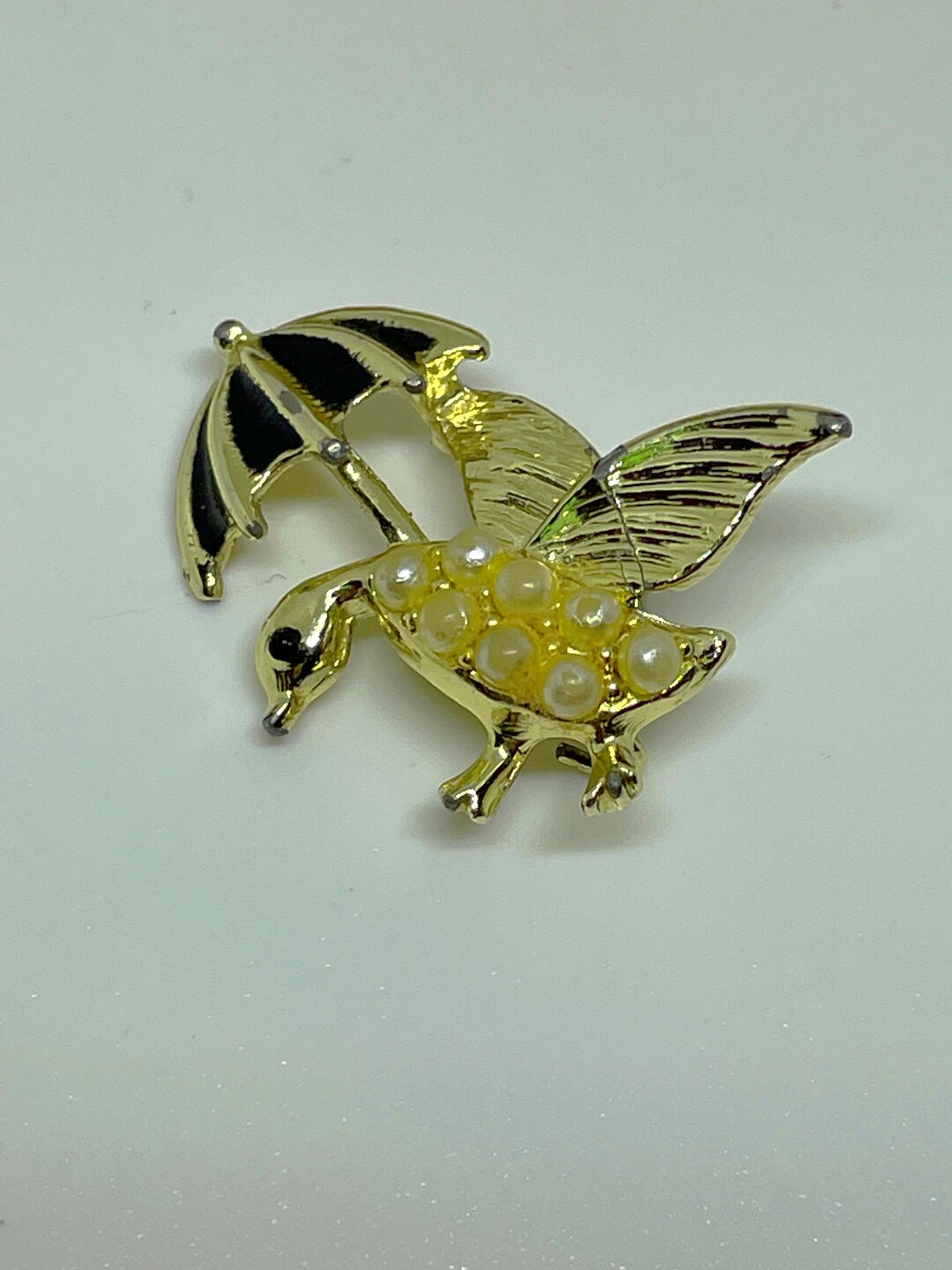 Vintage Duck With Umbrella & Faux Seed Pearls Mid-century Pin Goose Pin ...