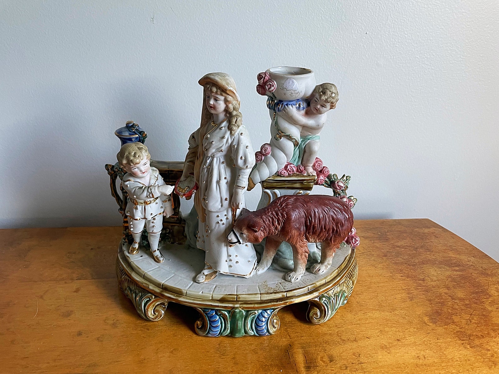 Antique Heubach Bisque Figural Vase - Boy, Woman, Cherub, Bear | German ...