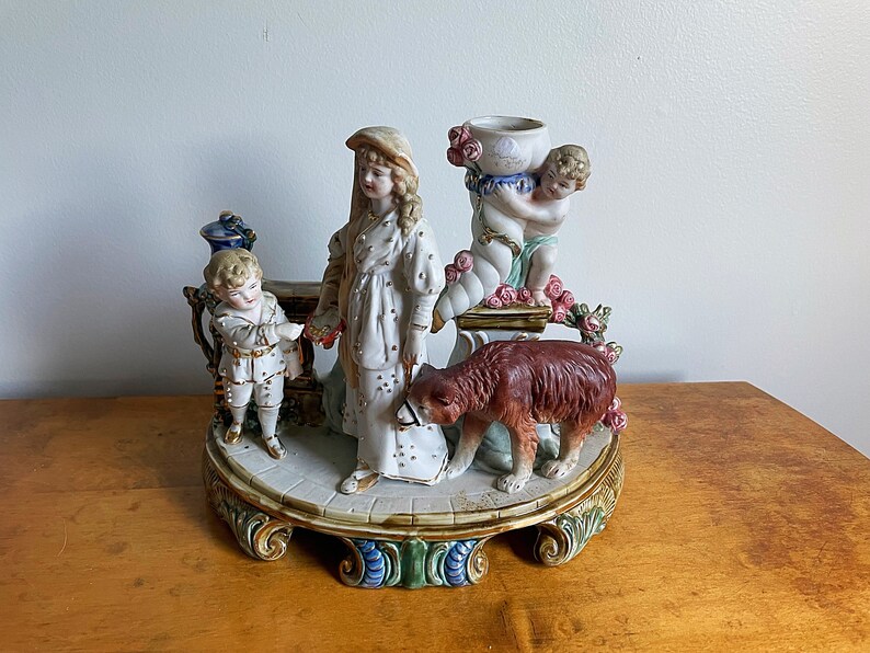 Antique Heubach Bisque Figural Vase - Boy, Woman, Cherub, Bear | German ...