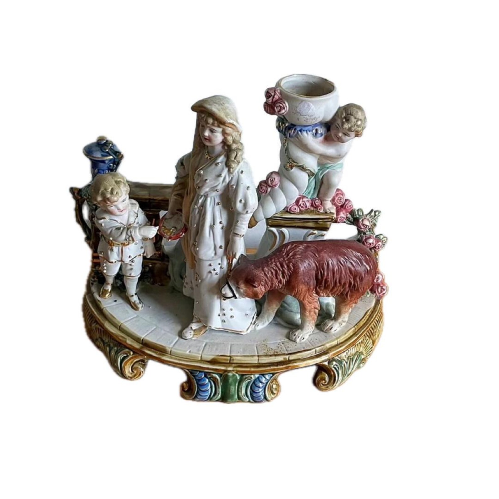 Antique Heubach Bisque Figural Vase - Boy, Woman, Cherub, Bear | German ...