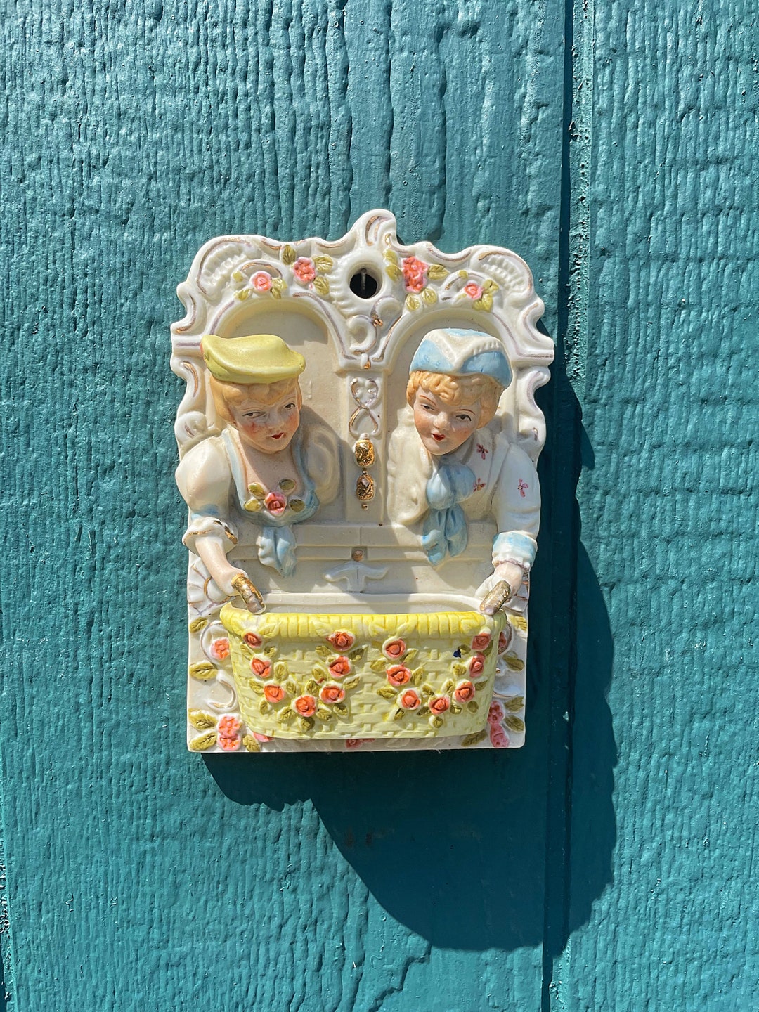 Antique Match Holder Wall Pocket Victorian Boy & Girl With Rose Basket ...