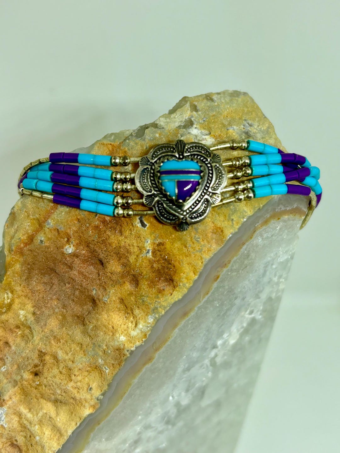 Vintage Zuni Inlay Liquid Silver Bracelet Signed Sterling Zuni Heart ...