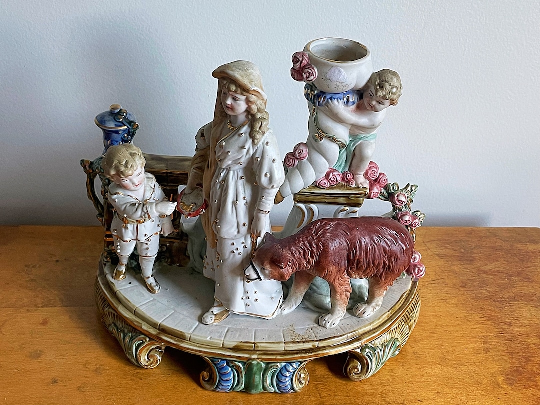 Antique Heubach Bisque Figural Vase - Boy, Woman, Cherub, Bear | German ...