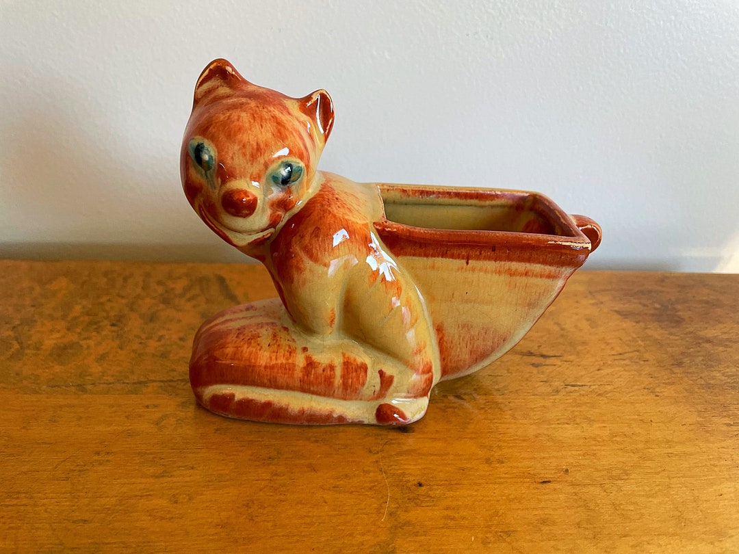 Rare Weller Pottery 'cactus' Cat Planter 1928 Glossy Glaze Blue Eyes ...