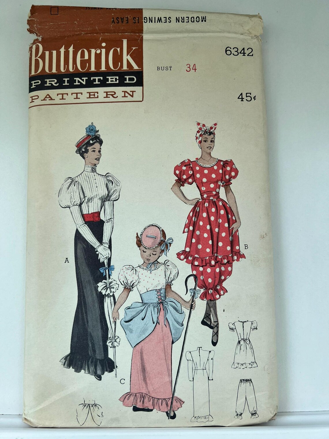 Butterick Sewing Pattern 6342, 1952, Gay 1890s Dress, Bathing Suit, Bo-peep Costume, Bust 34 - Etsy
