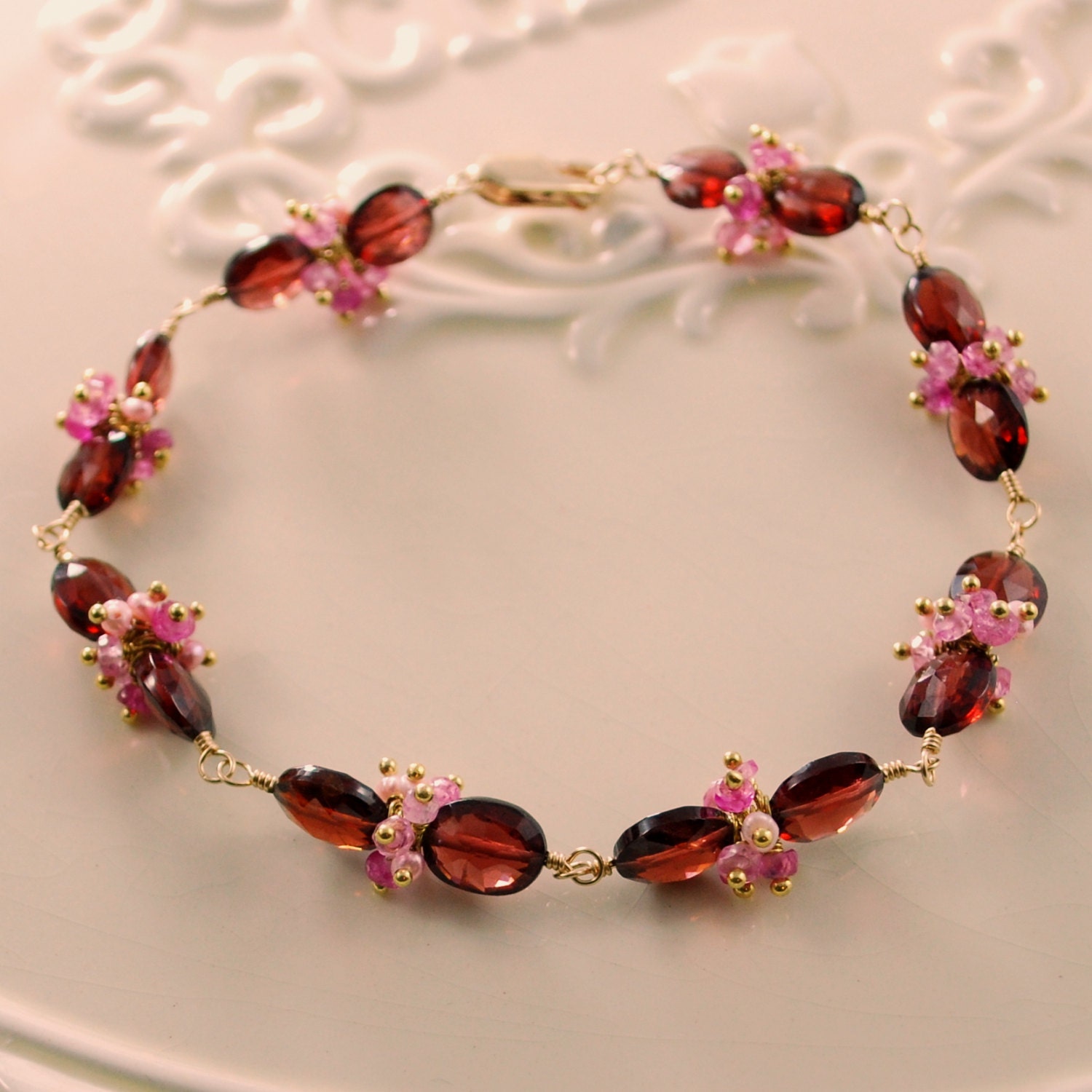 Pink and Red Garnet Bracelet, Bridal Jewelry, Genuine Ruby Gemstone ...